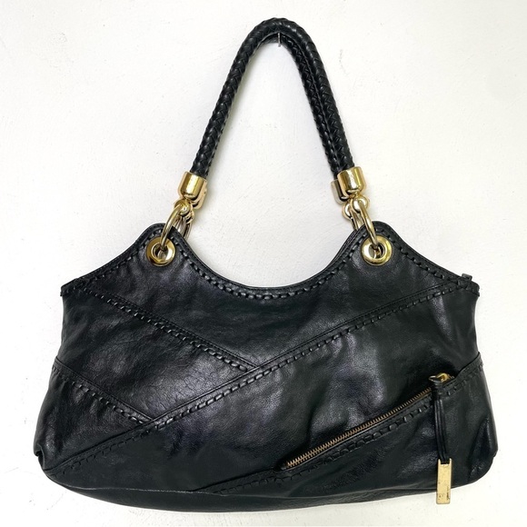 Via Spiga | Bags | Via Spiga Black Leather Braided Handle Whipstitch ...